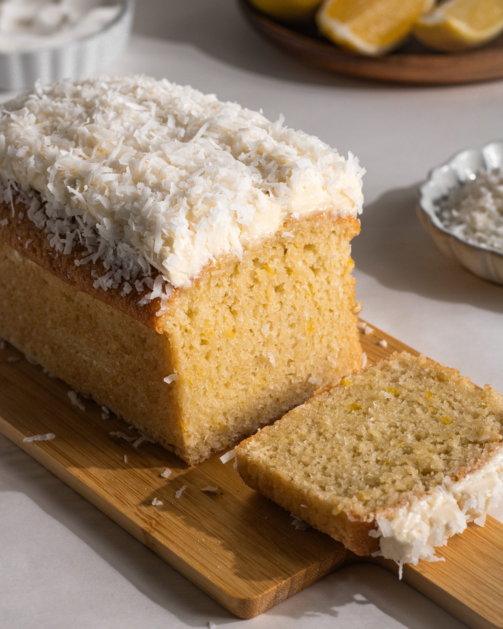 Moist Eggless Lemon Coconut Loaf Cake - PastrybySaloni